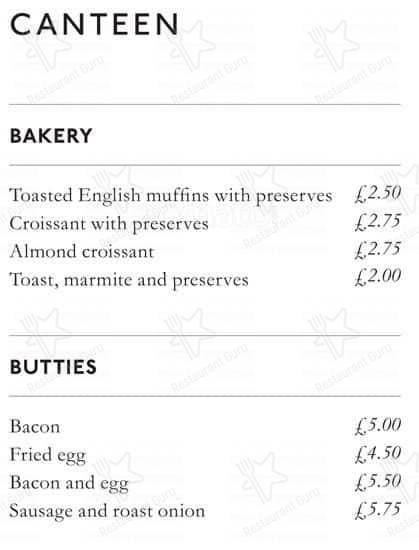 Menu at Canteen restaurant, London, 21 Wellington Street