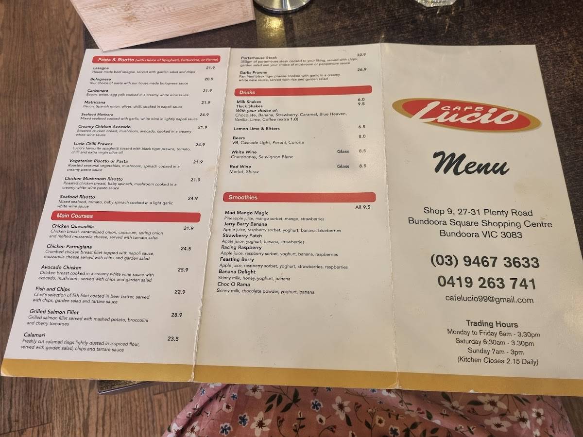 Menu at Cafe Lucio, Bundoora