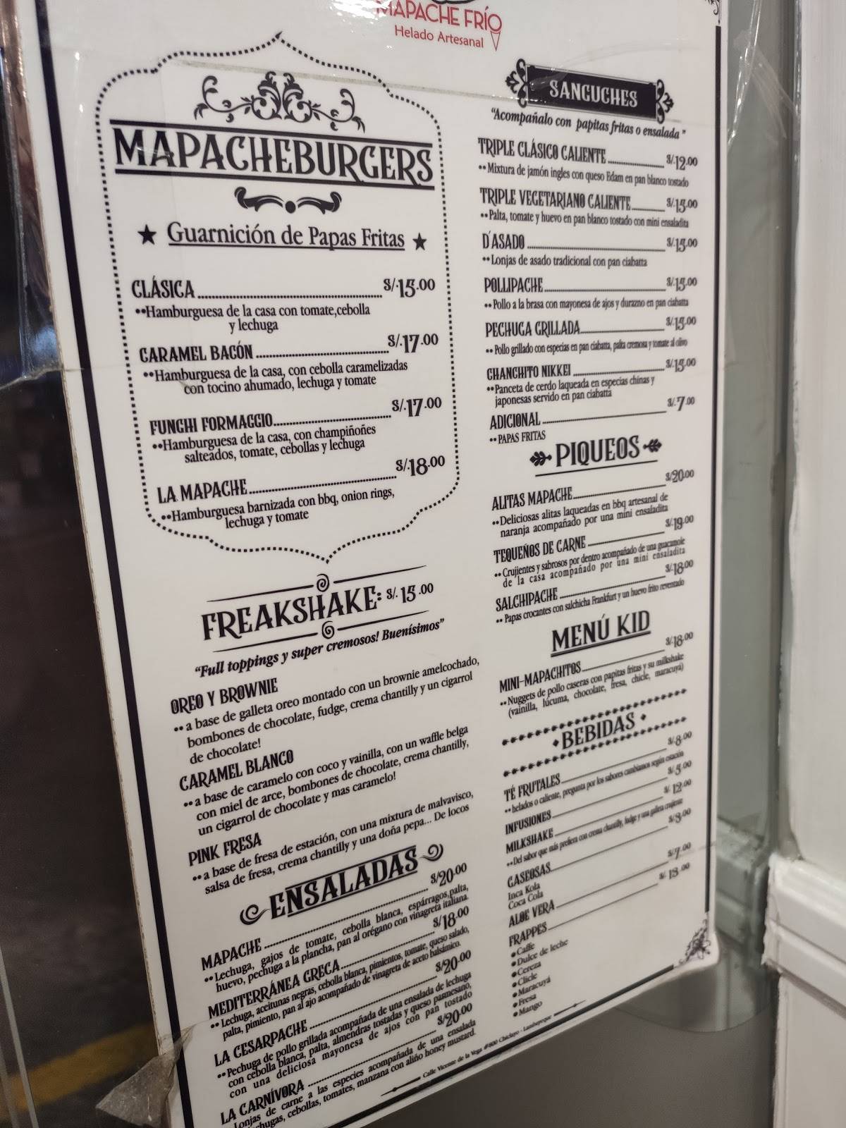 Carta del café Mapache Frio Helado Artesanal, Chiclayo, calle