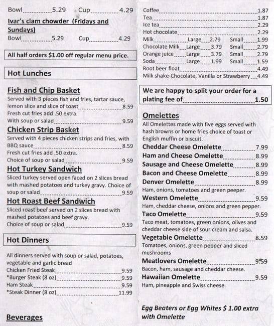 Menu at Mary Mary's Cafe, Spanaway
