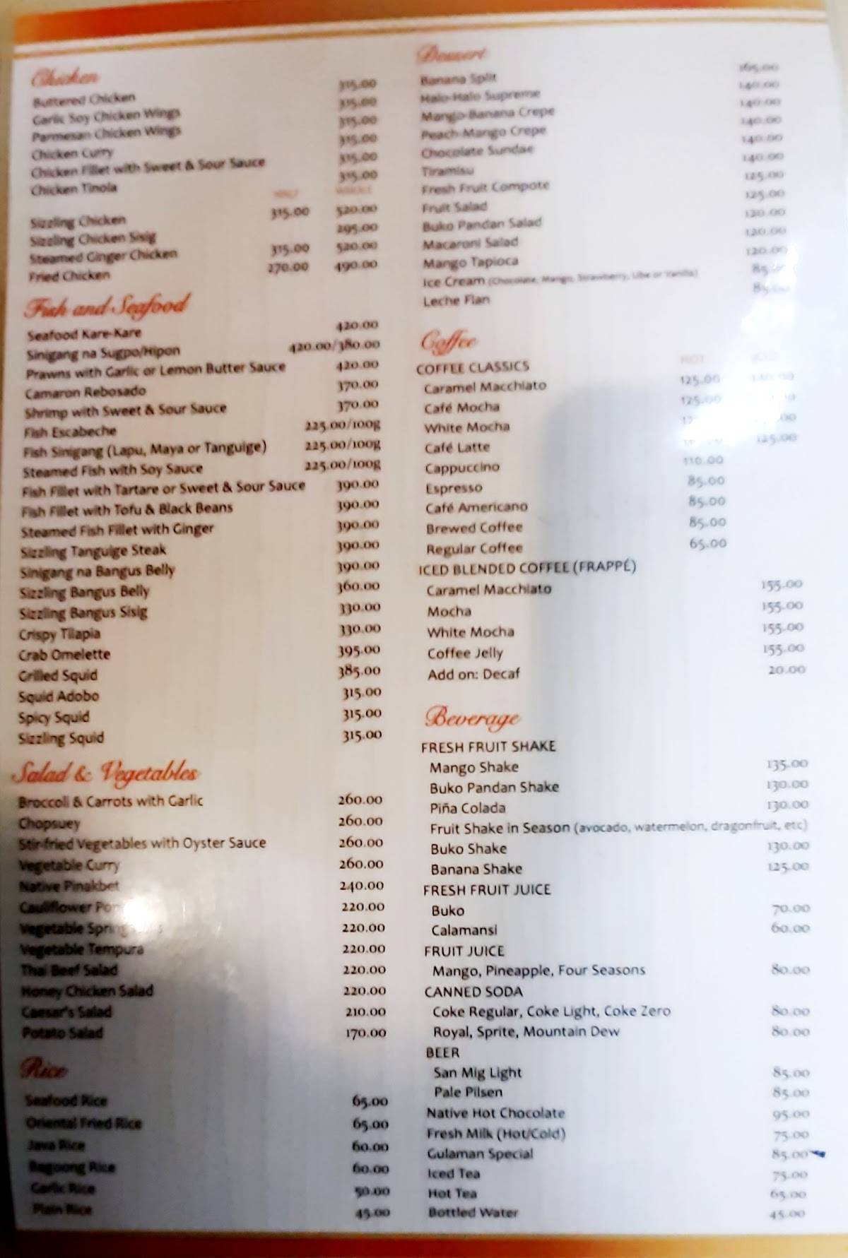 Menu at Cafe Michele, Tuguegarao City