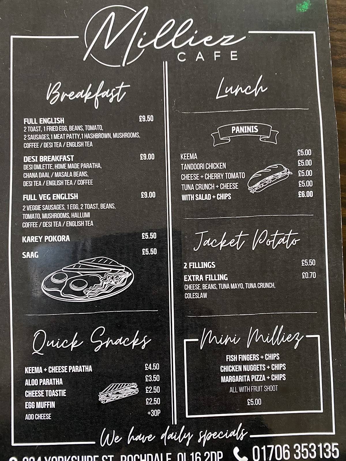 Menu at Milliez Cafe, Rochdale