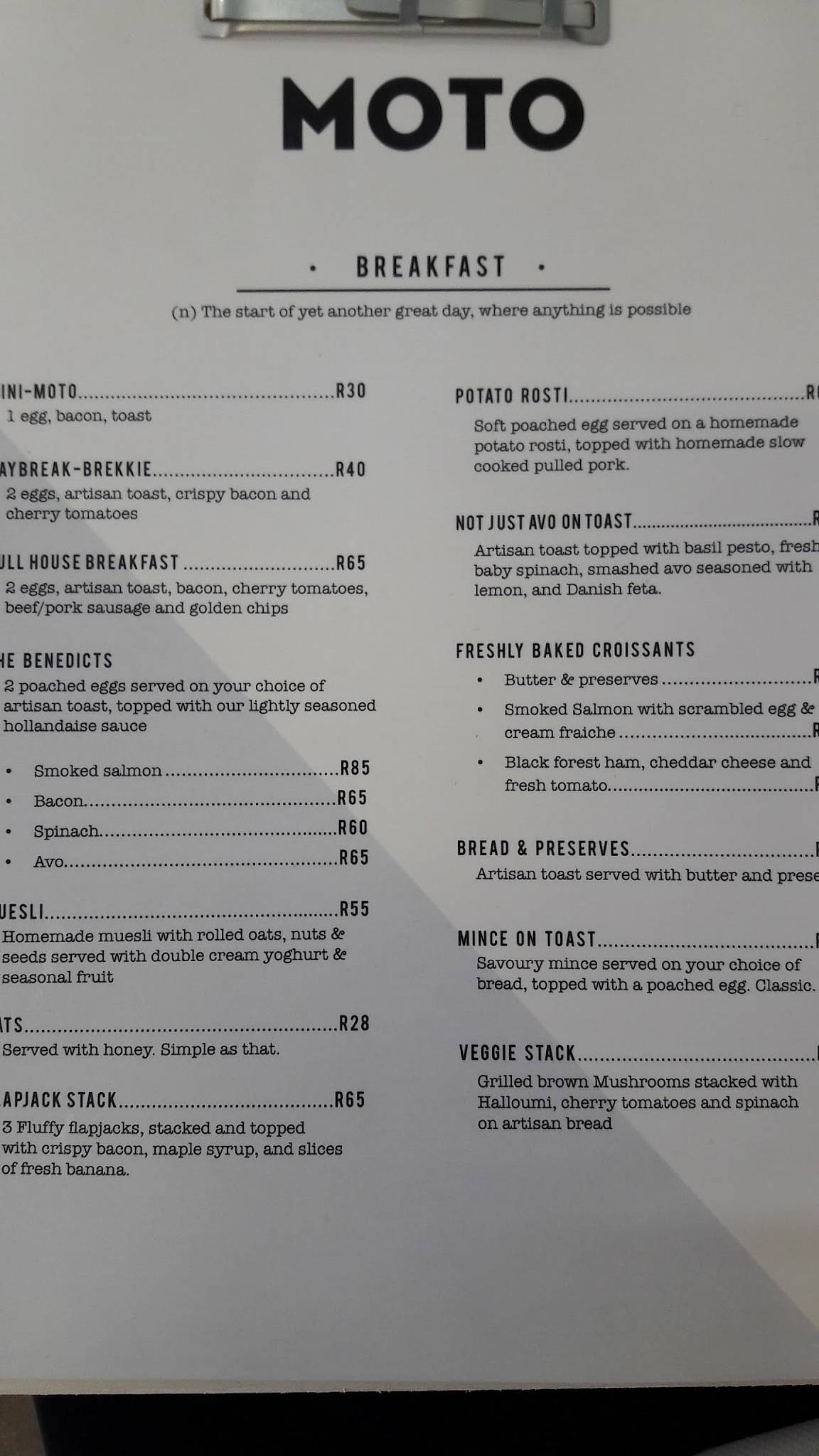 Menu at Moto Cafe, Umhlanga