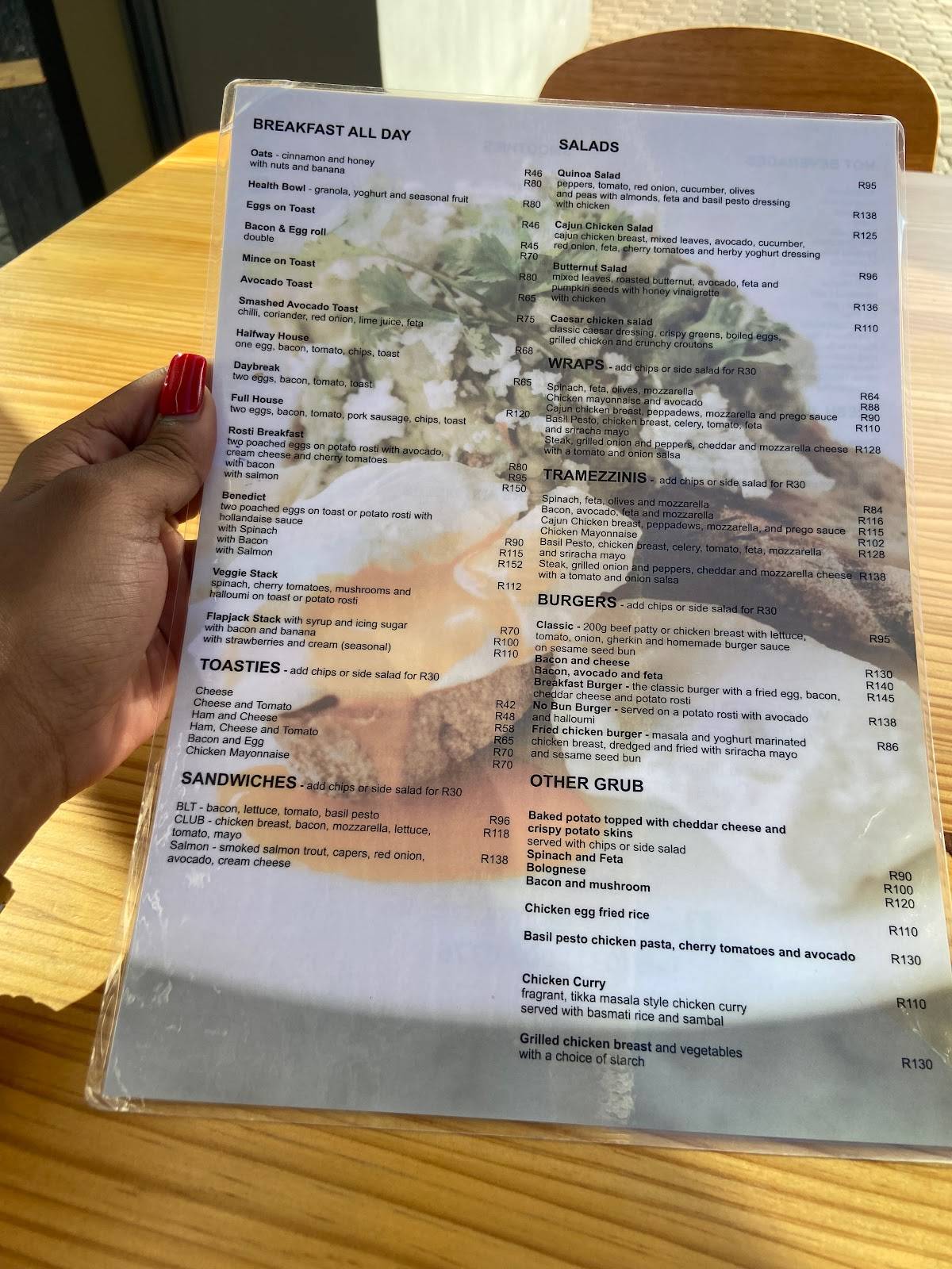 Menu at Moto Cafe, Umhlanga