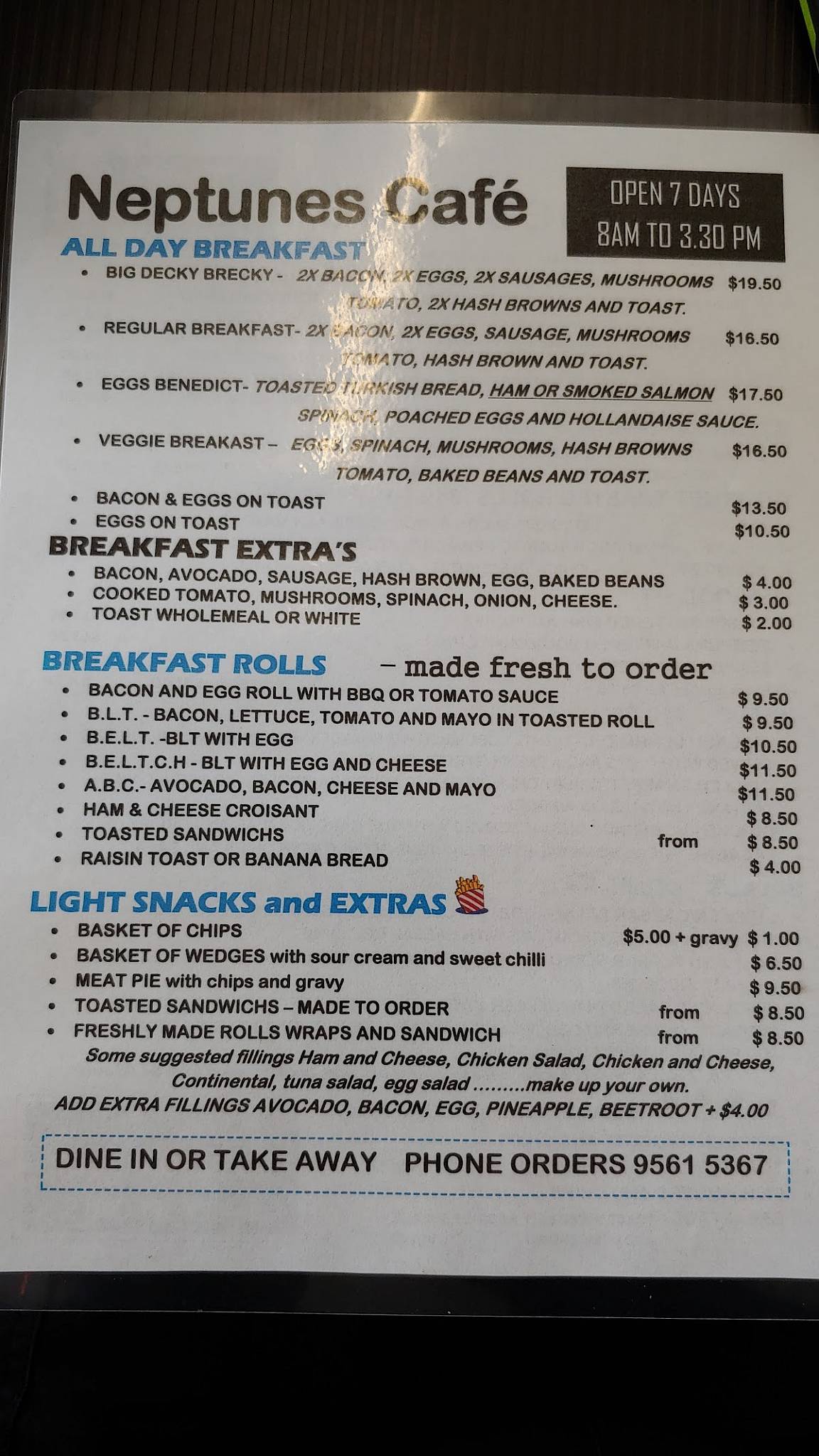 Menu at NEPTUNES CAFE, Two Rocks, Shop 6/10 Enterprise Ave