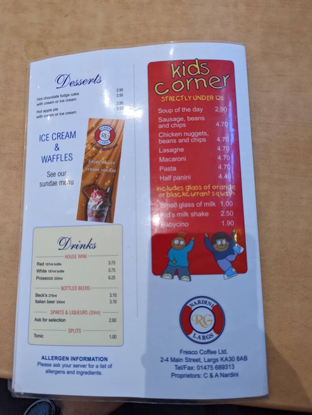 Menu at Nardini at the Moorings cafe, Largs
