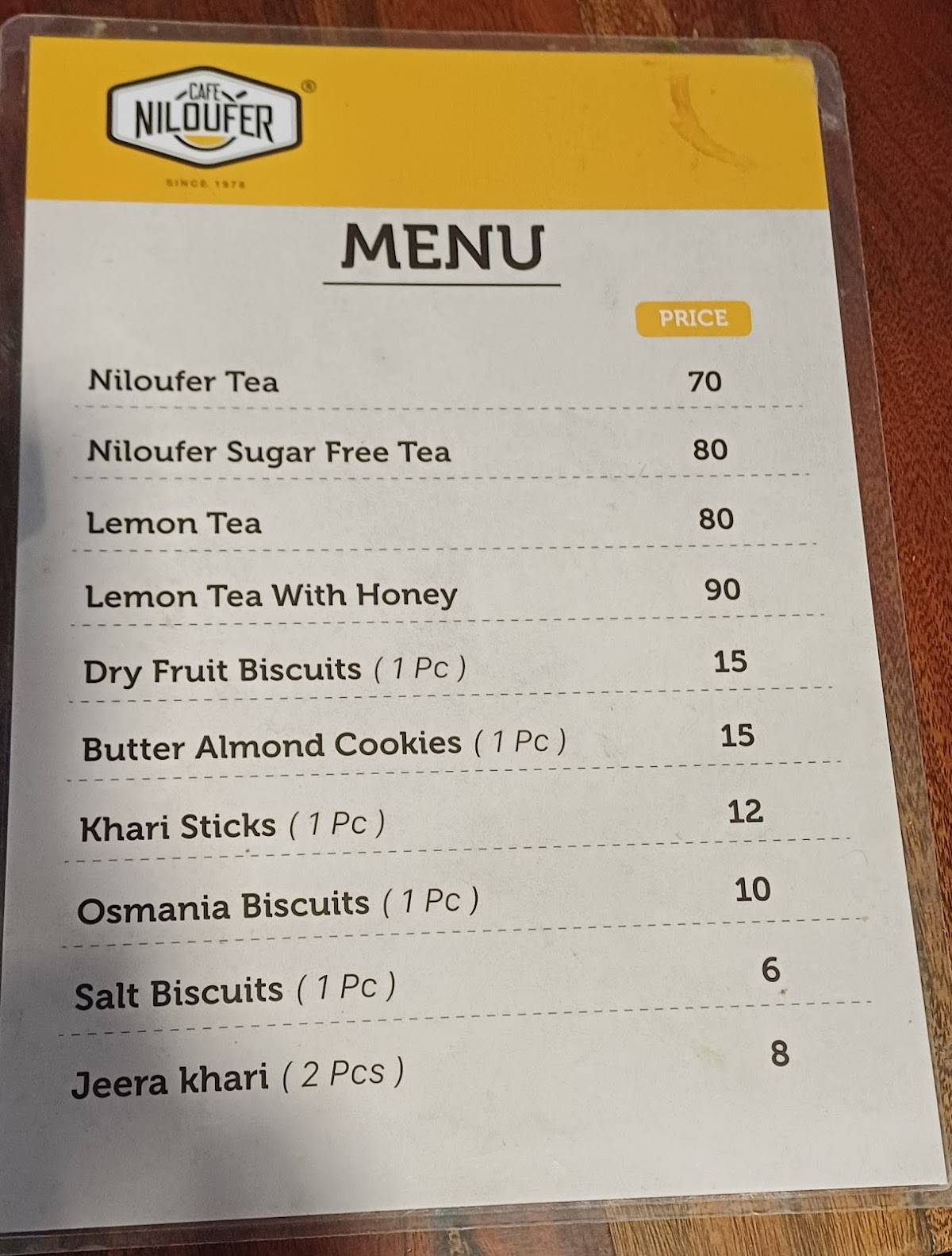 Menu at Cafe Niloufer, Hyderabad, V.P