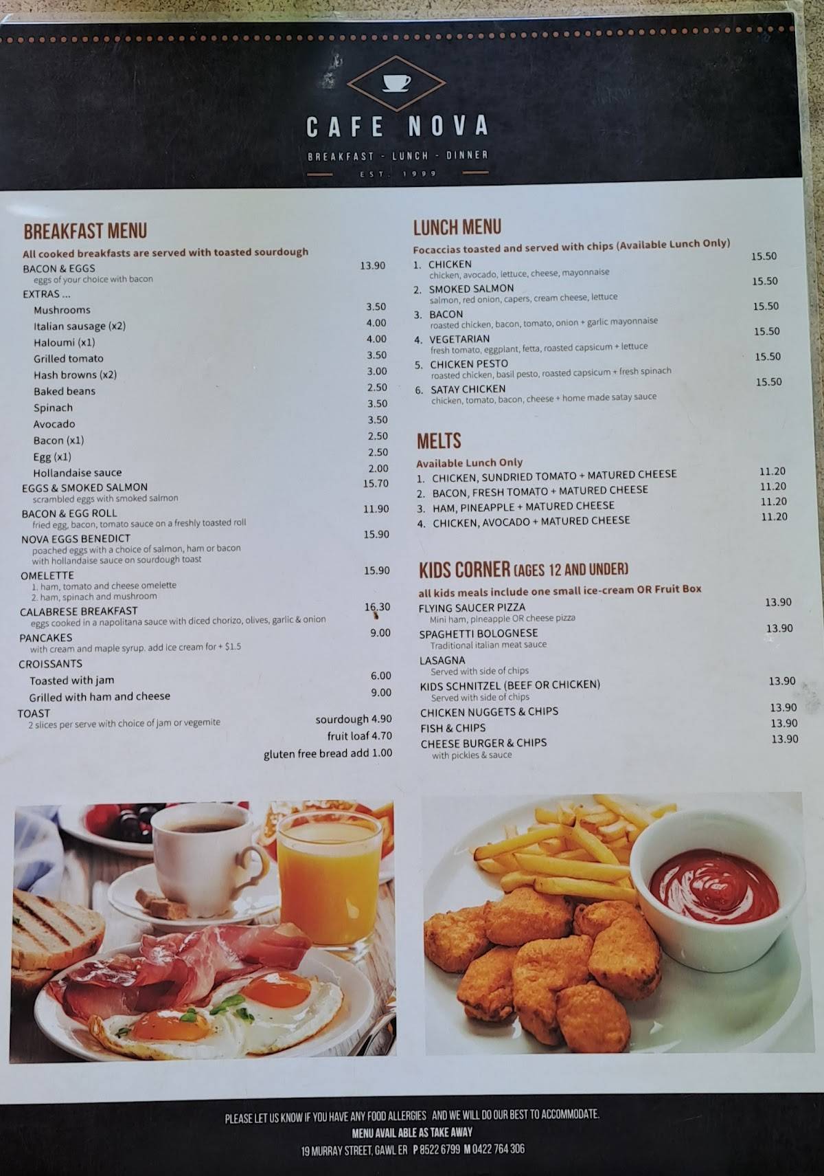 Menu at Café Nova pizzeria, Gawler, 19 Murray St