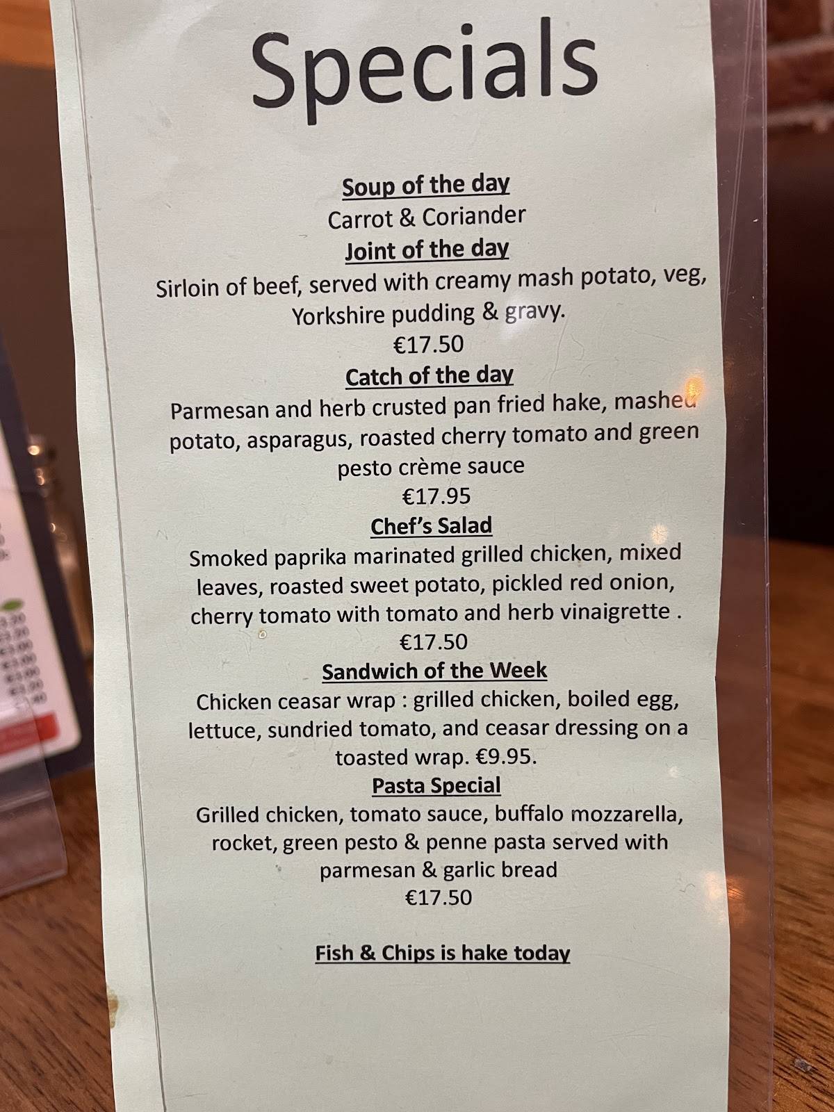 Menu at PAN cafe, Midleton