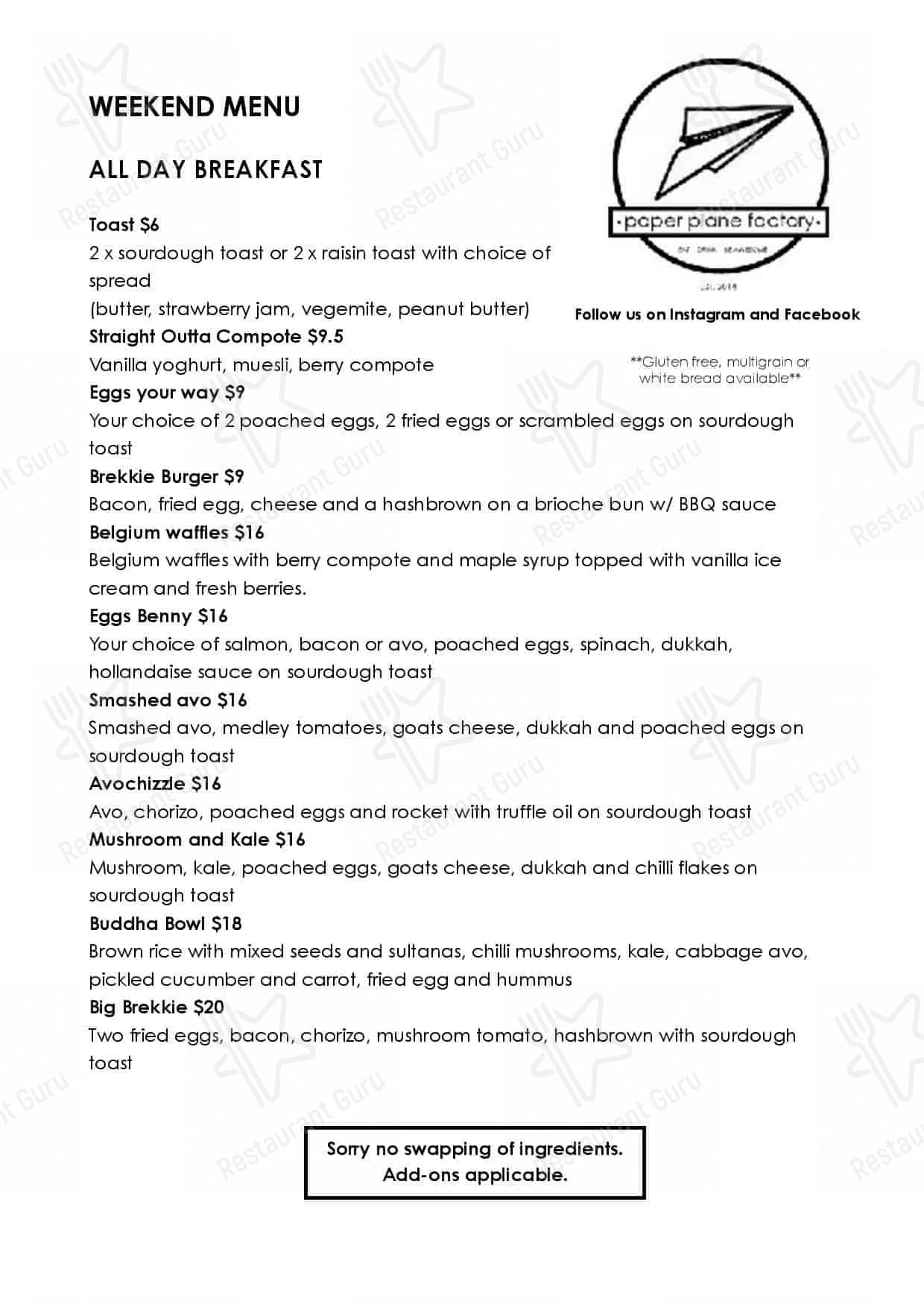 Menu at Paper Plane Factory Cafe, Girraween