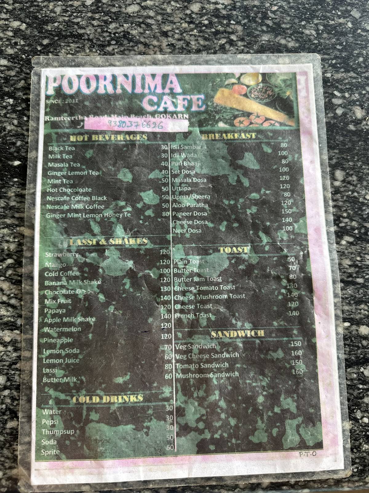 Menu at Cafe Poornima, Gokarna