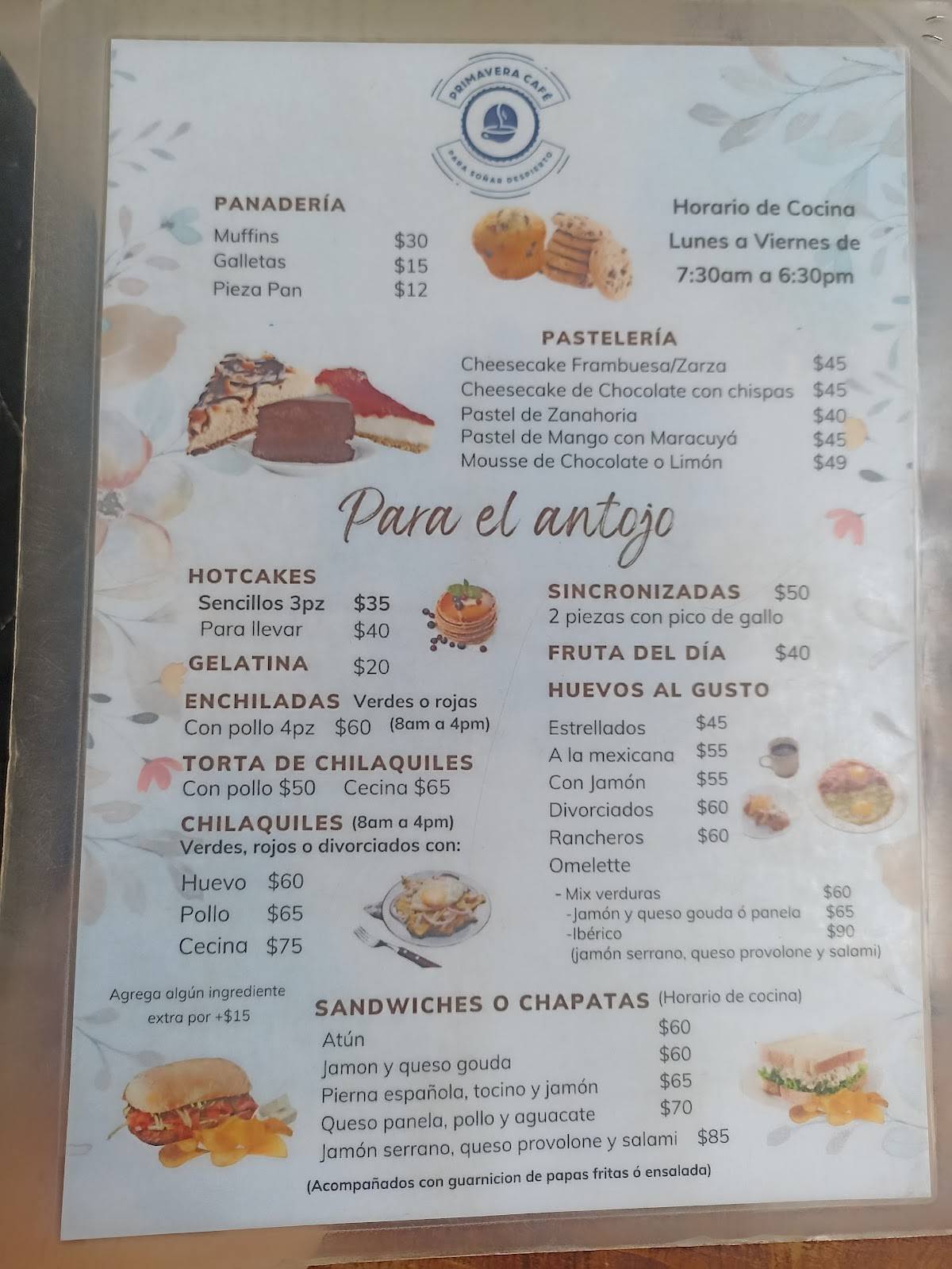 Menu at Primavera Café, Emiliano Zapata