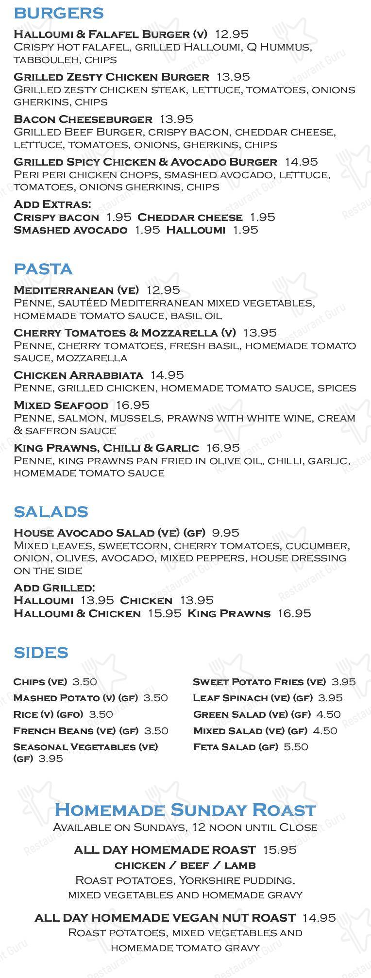 Menu at Q Cafe, Croydon