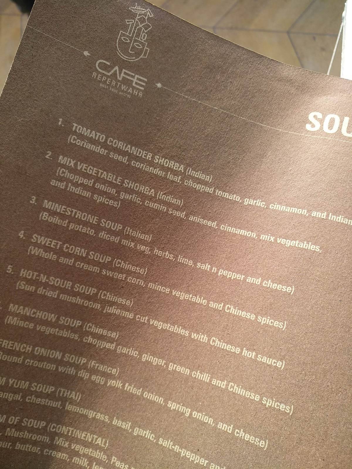 Menu at Cafe Repertwahr, Lucknow