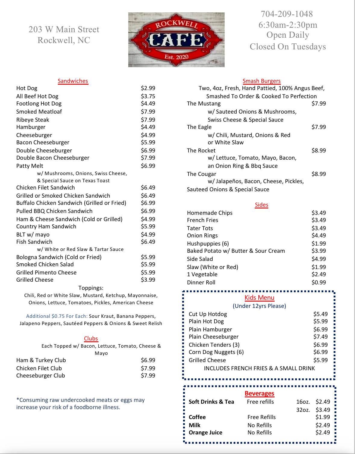 Menu at Rockwell Cafe, Rockwell, 203 W Main St