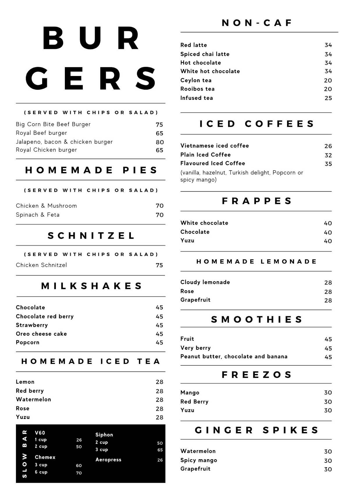 Menu at Royal Roastery Langenhovenpark cafe, Bloemfontein