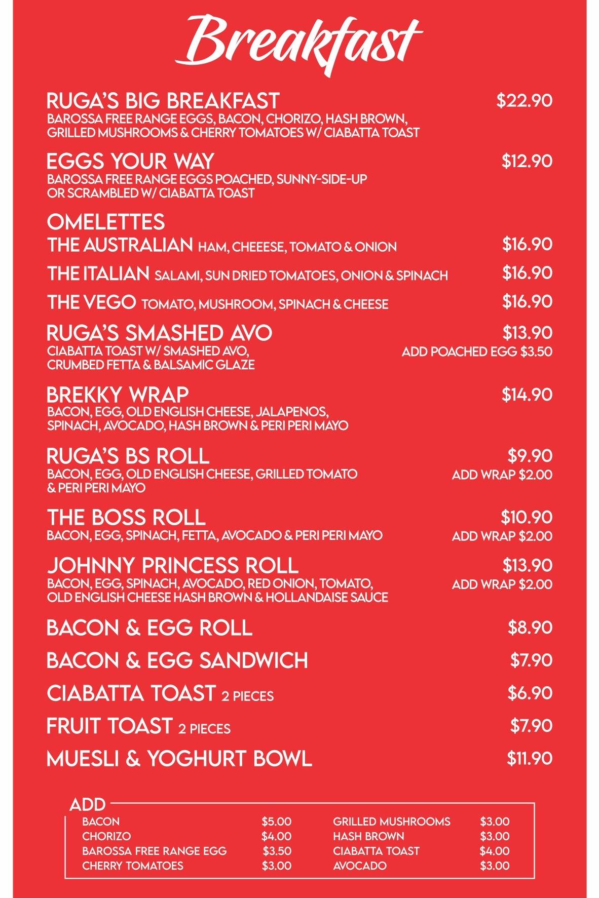 Menu at Ruga's Cafe, Taperoo