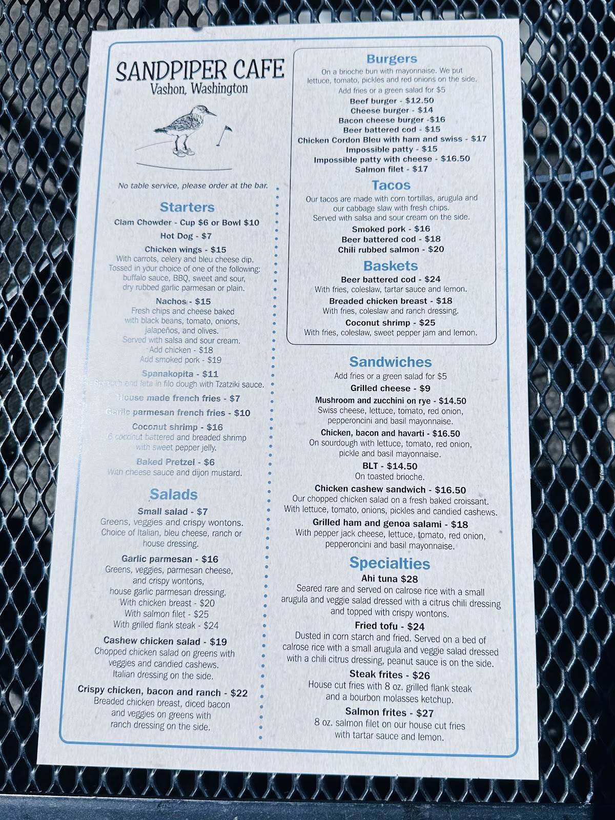 Menu at Sandpiper Cafe, Vashon