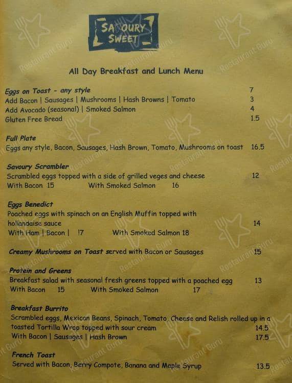 Menu at Savoury Sweet Cafe, Auckland