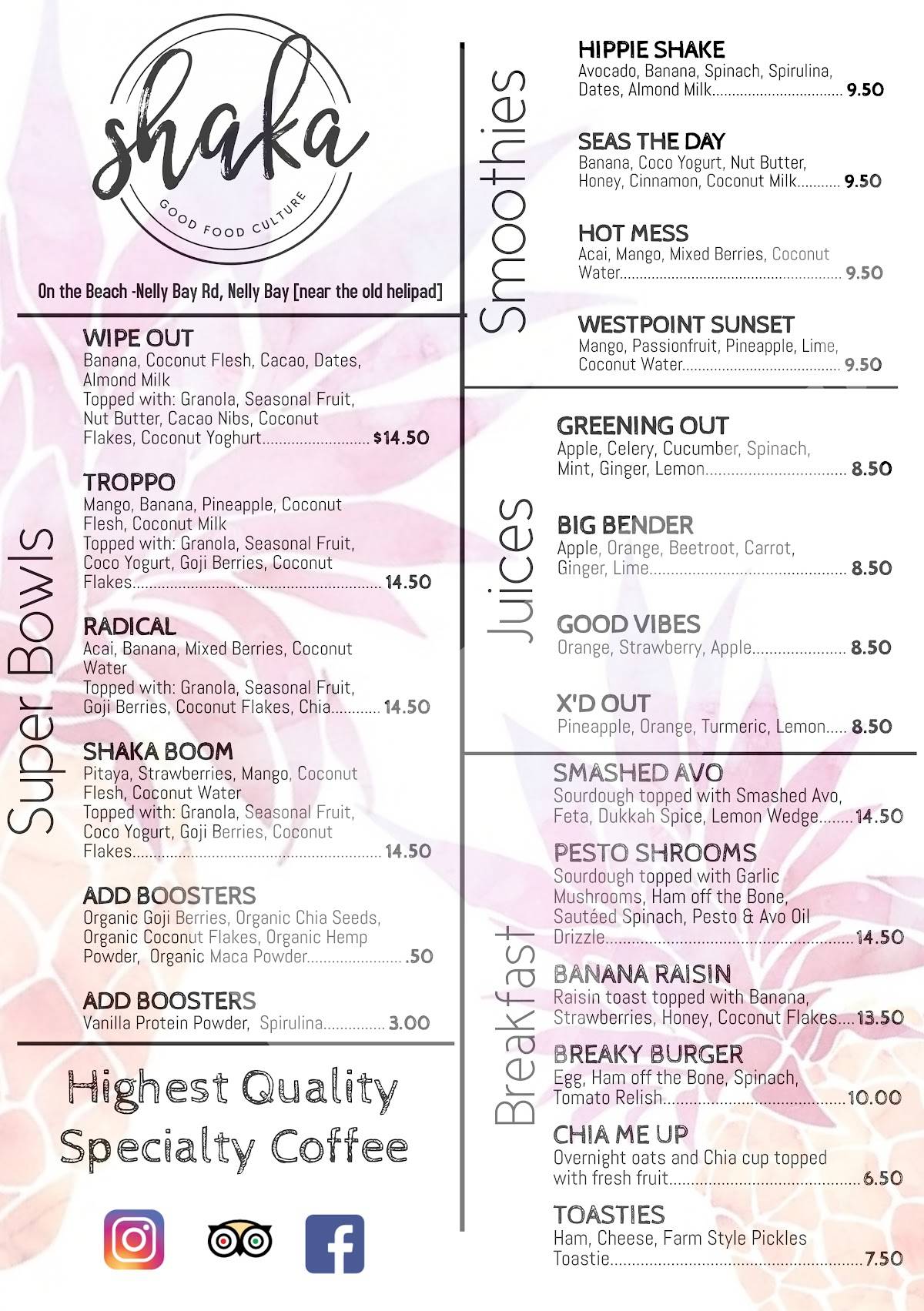 Menu at Shaka: Good Food Cafe, Nelly Bay