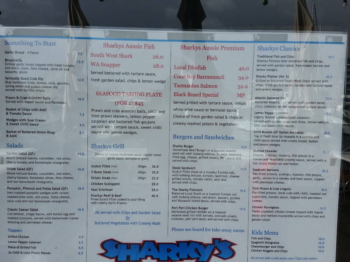 Menu at Sharky's Fish & Chips cafe, Mandurah