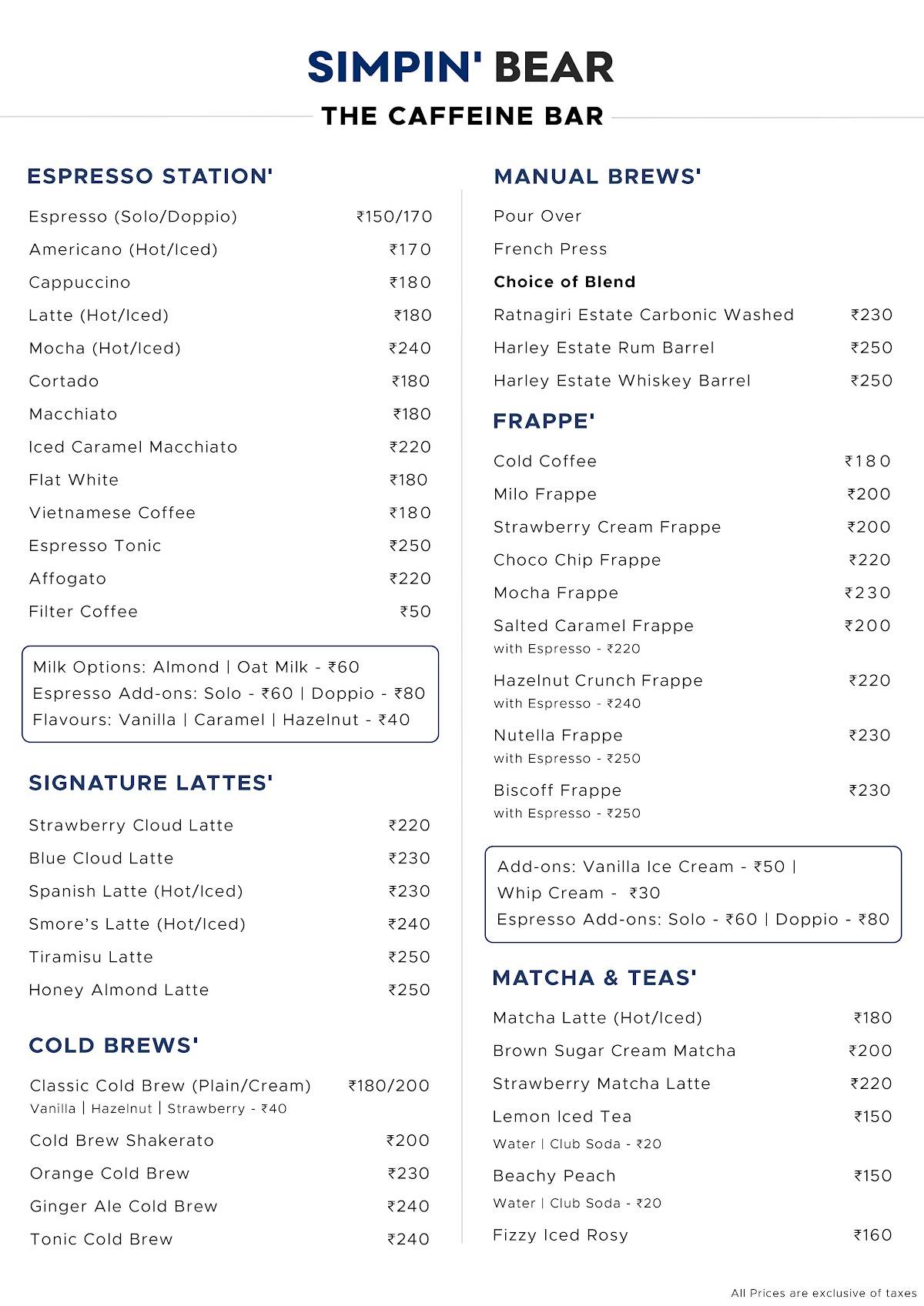 Menu at Simpin Bear, Chennai