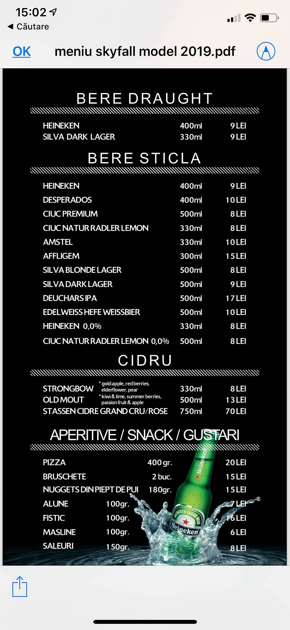 Menu at Skyfall Rooftop Lounge, Piatra Neamț