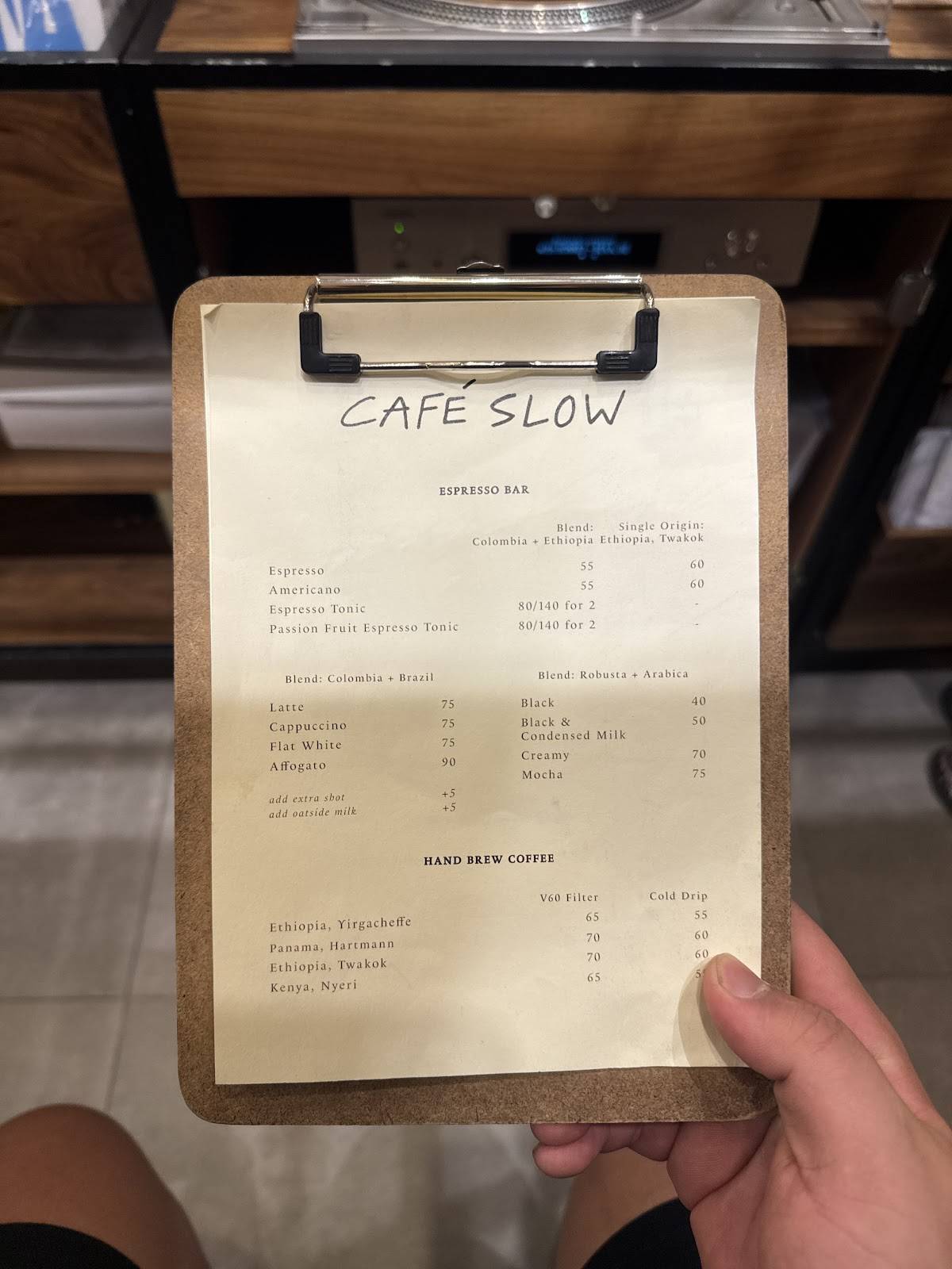 Menu at Café Slow cafe, Ho Chi Minh City