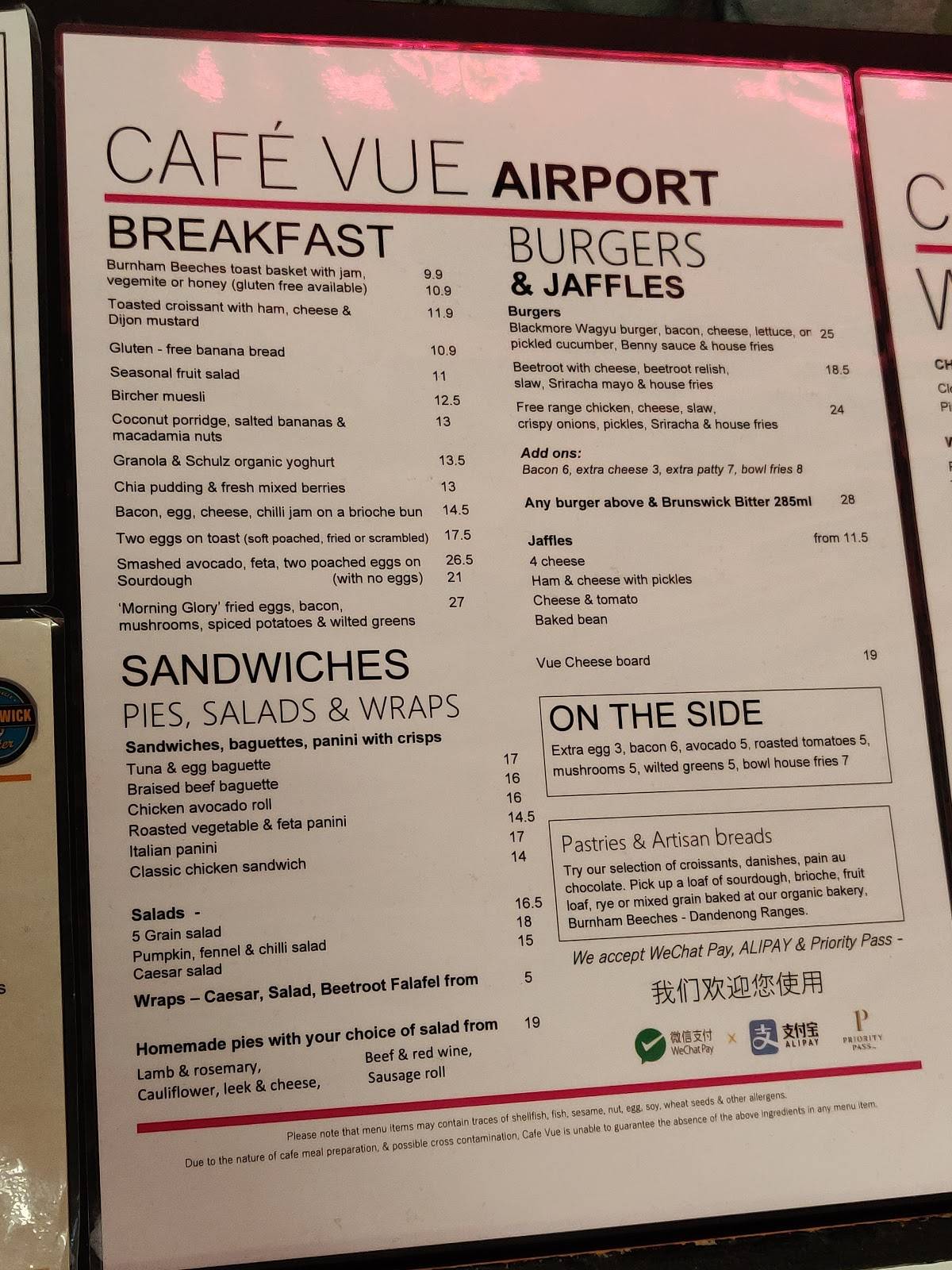 Menu at Cafe Sol, Melbourne Airport