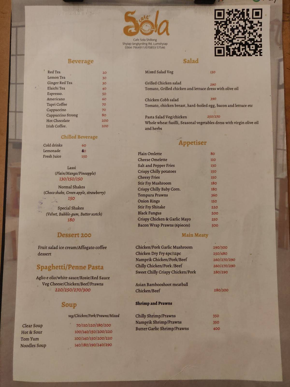 Menu at Cafe Sola, Shillong