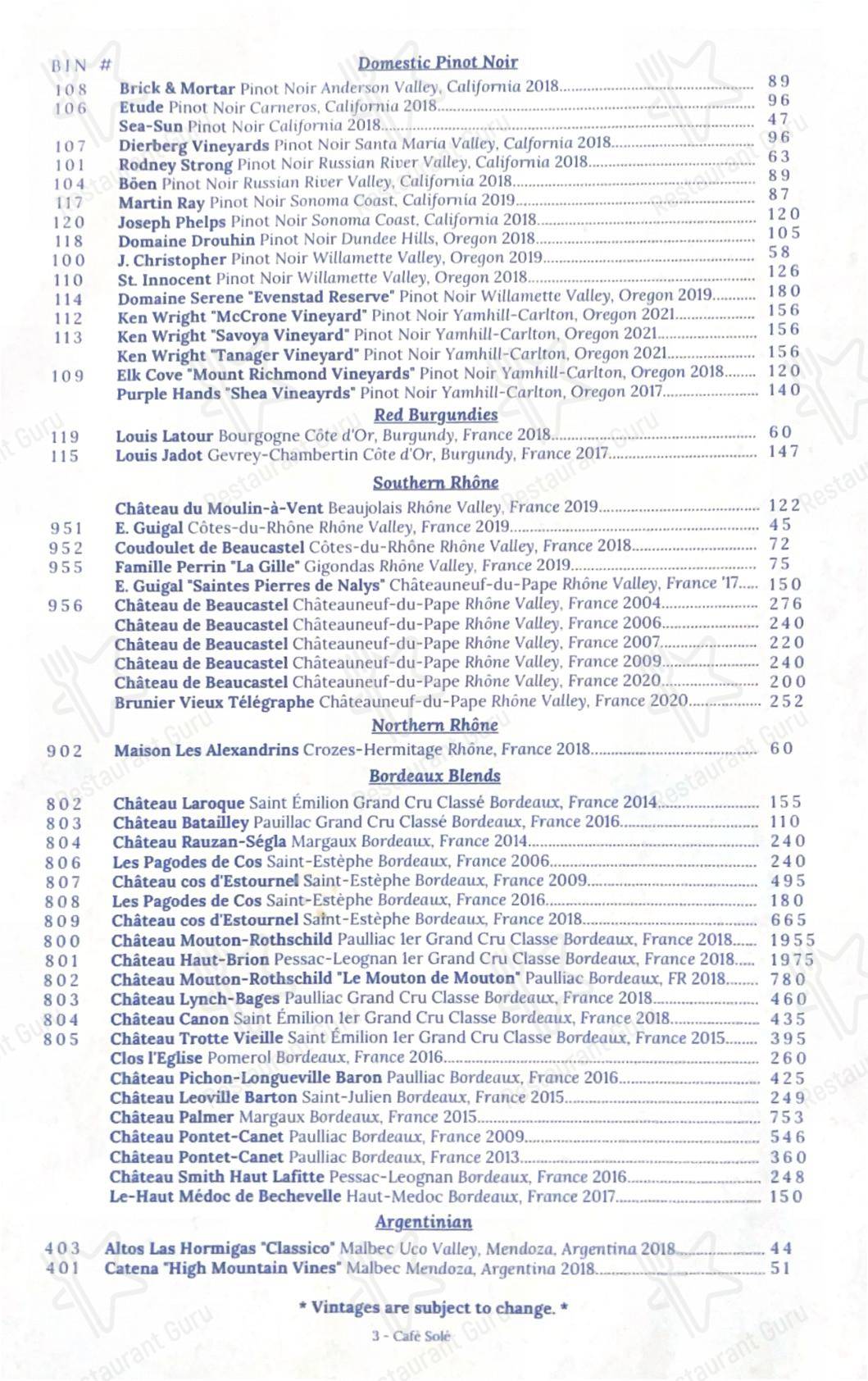 Menu at Cafe Sole, Key West