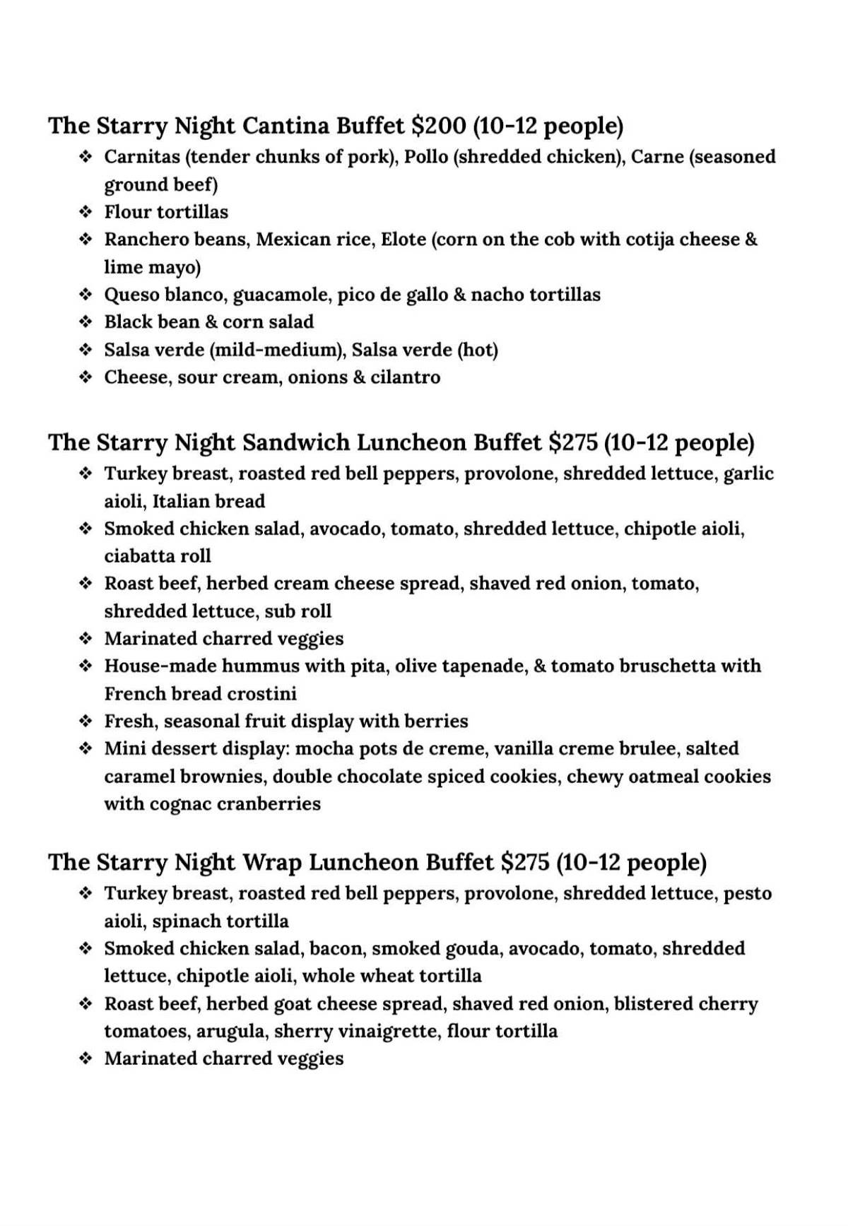 Menu at Starry Night Café cafe, Niagara Falls