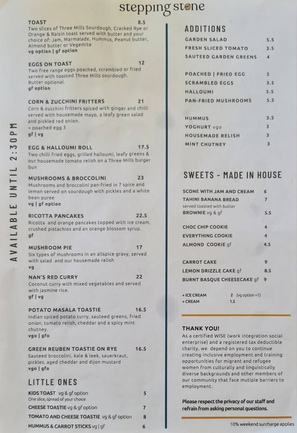 Menu at Cafe Stepping Stone Strathnairn, Holt