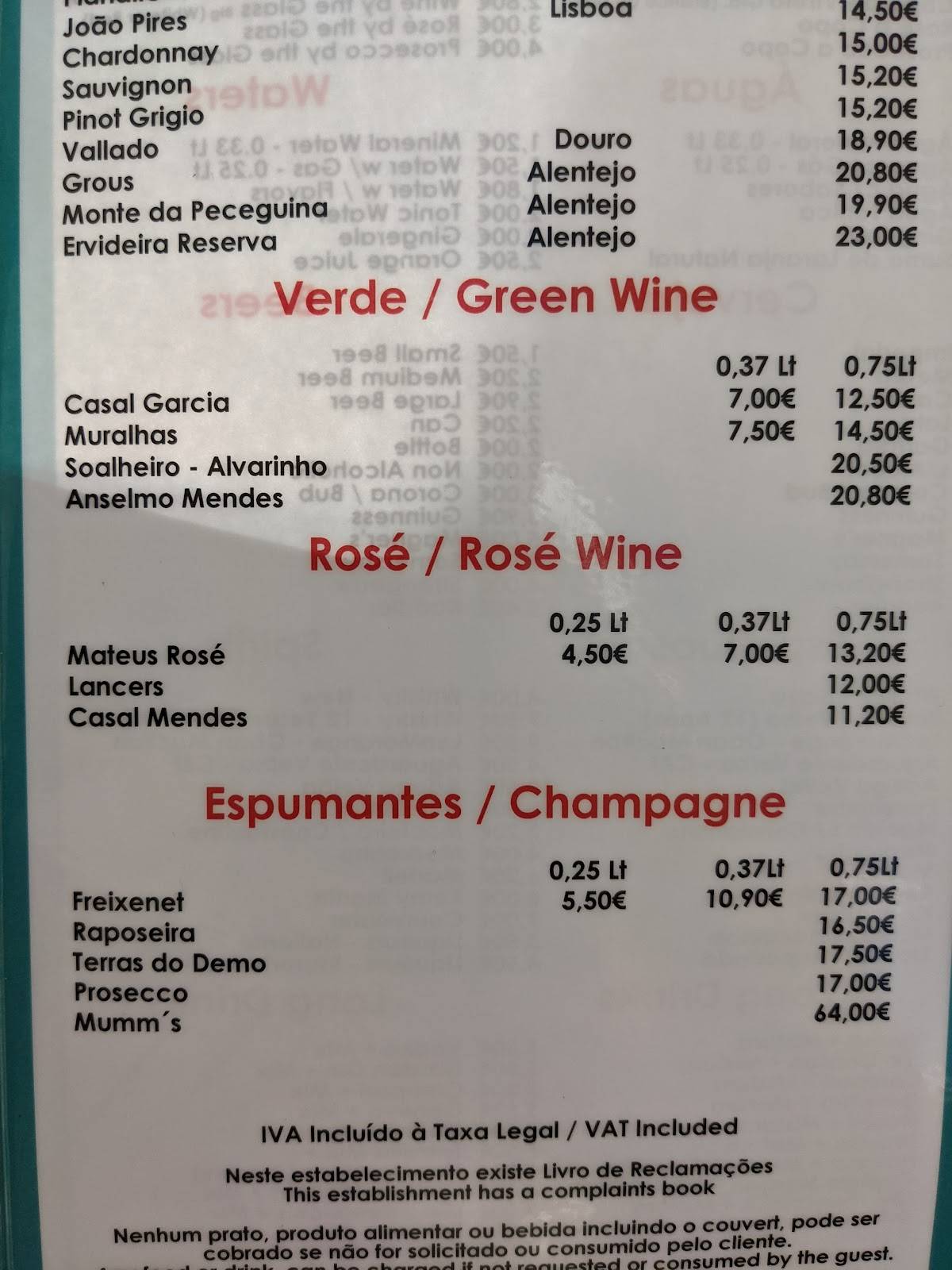 Menu at Taberna Forja cafe, Olhos de Água