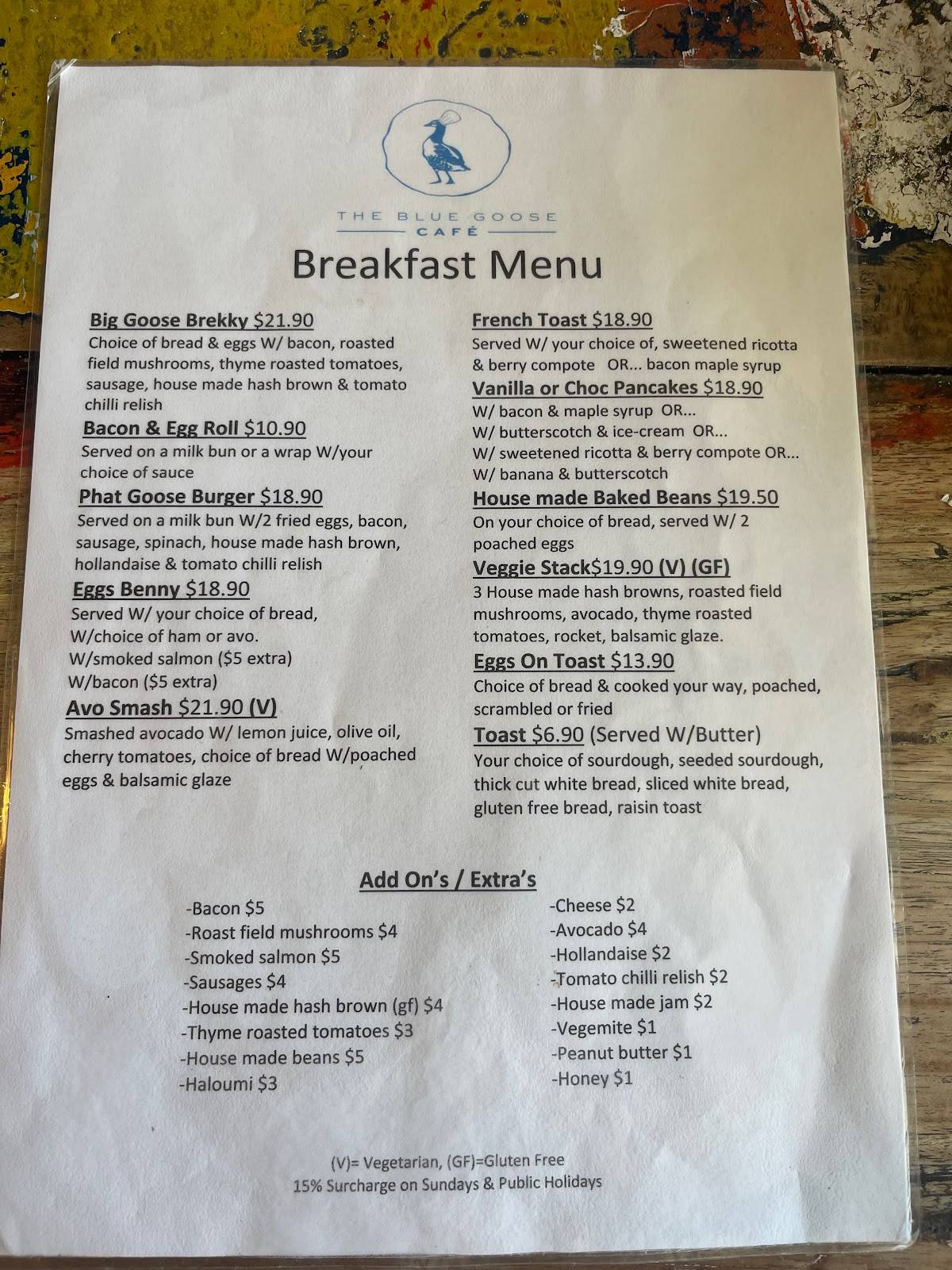 Menu at The Blue Goose cafe, Gerringong
