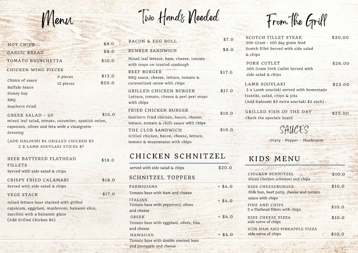 Menu at The Bunker Eatery cafe, Beverley Park