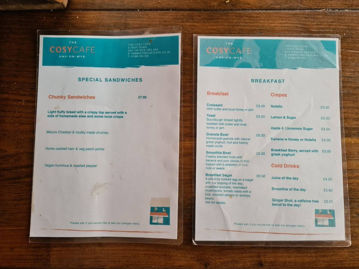 Menu at The Cosy Cafe, Hay-on-Wye