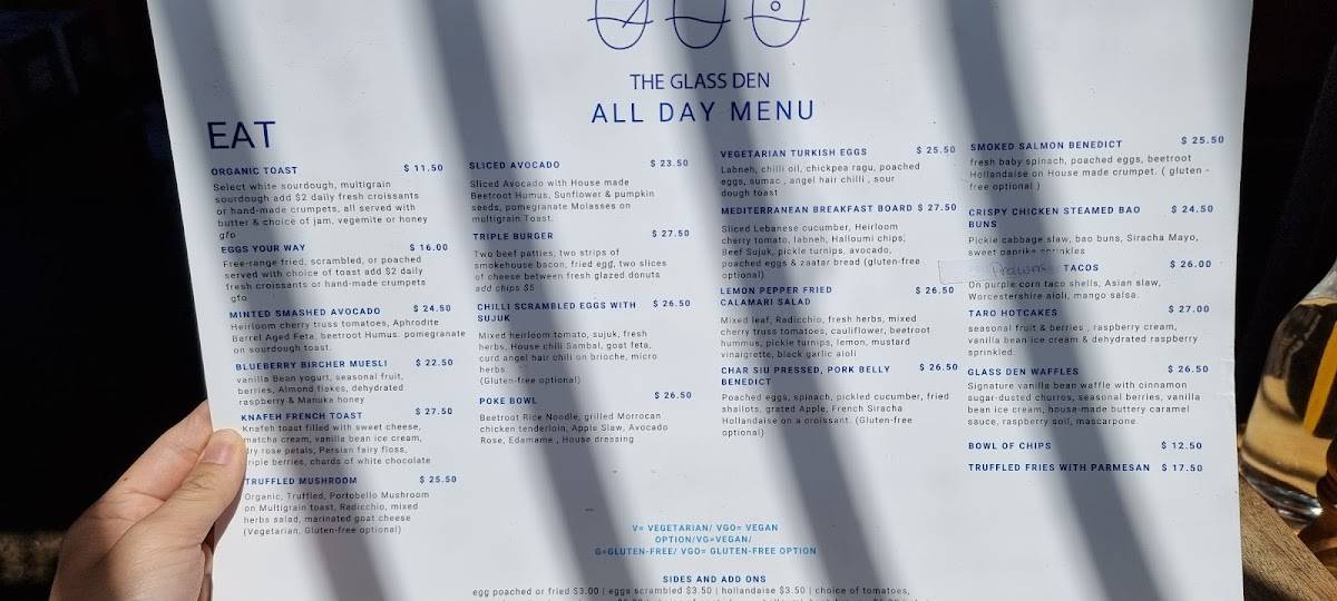 Menu at The Glass Den cafe, Coburg