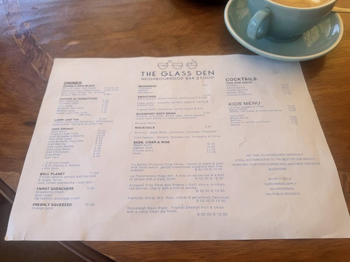 Menu at The Glass Den cafe, Coburg