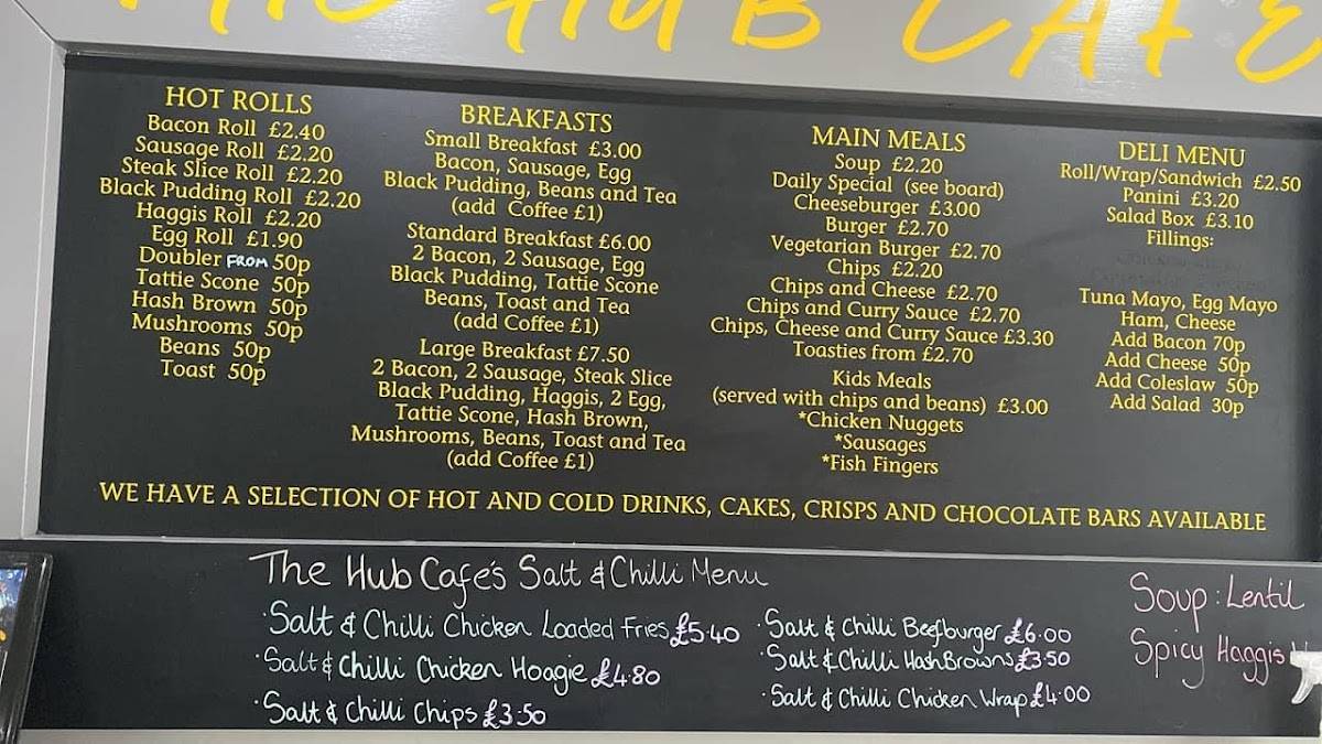 Menu at The Hub Cafe, Grangemouth