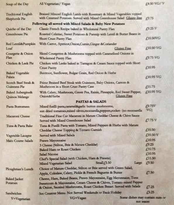 Menu at The Kew Greenhouse Cafe, Richmond