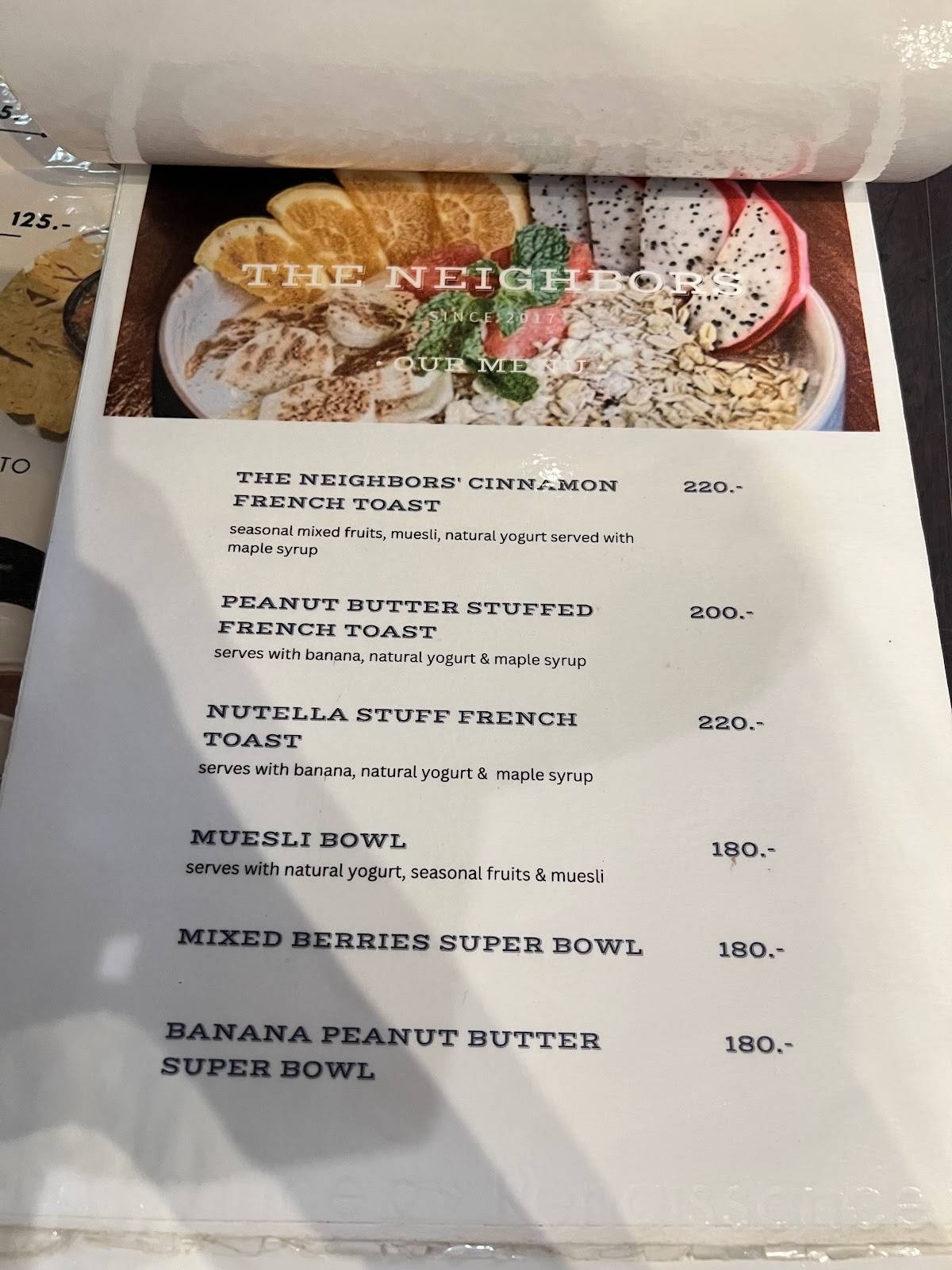Menu at The Neighbors Cafe, Phuket