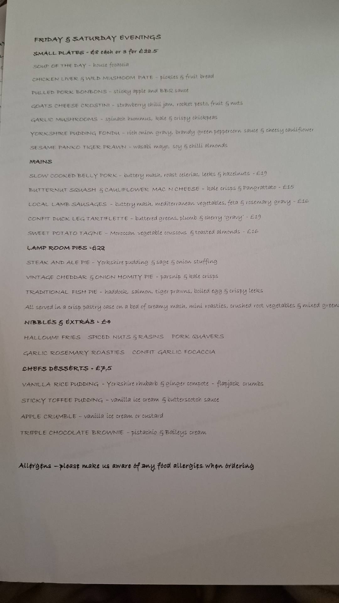 Menu at The Old Lamp Room cafe, Cottingham