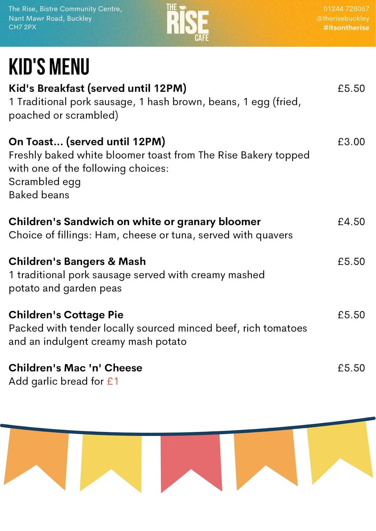 Menu at The Rise cafe, Buckley