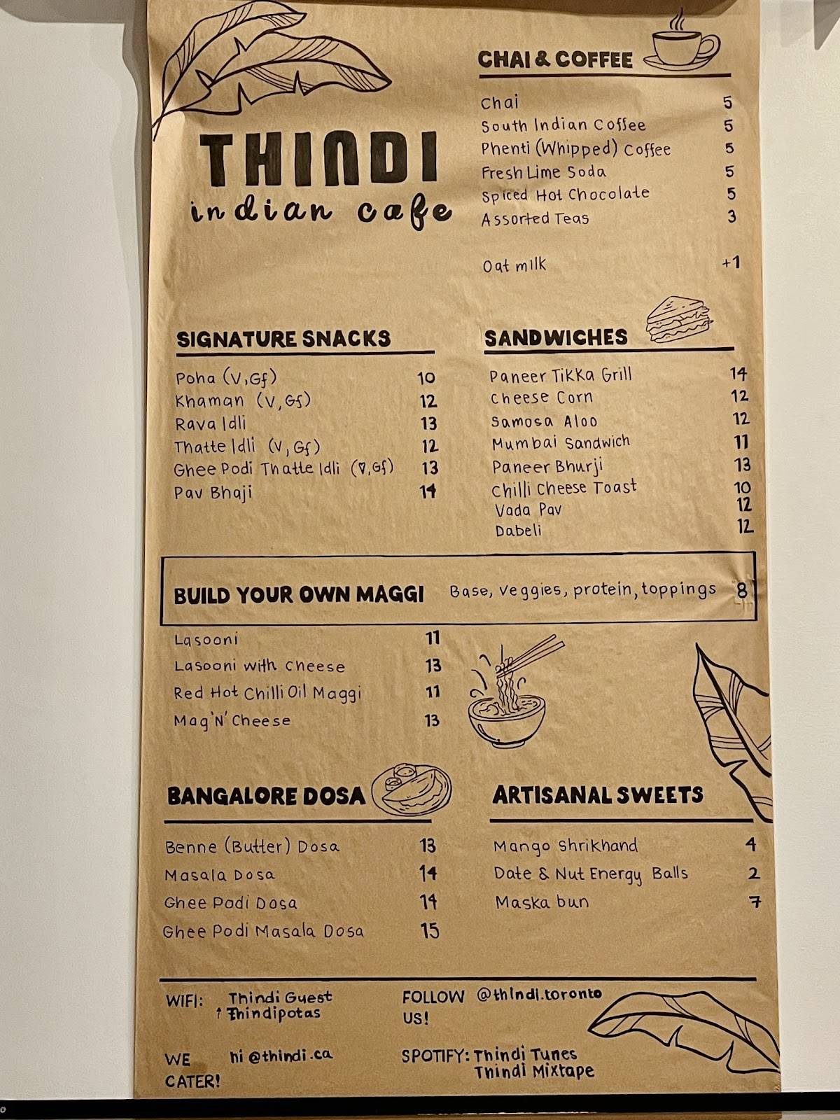Menu at Thindi Cafe, Toronto, 400 College St
