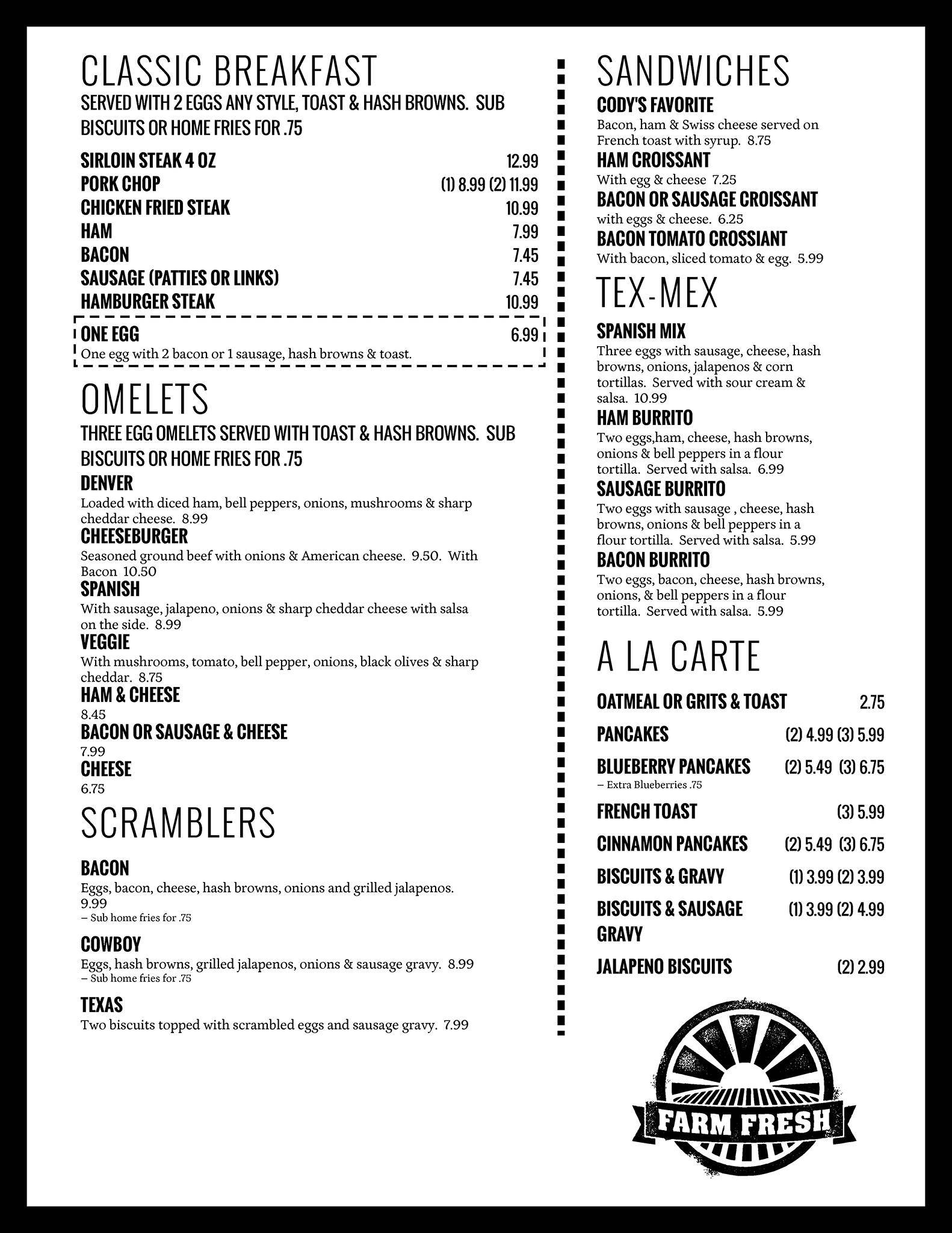 Menu at Tnt Cafe, Bonham