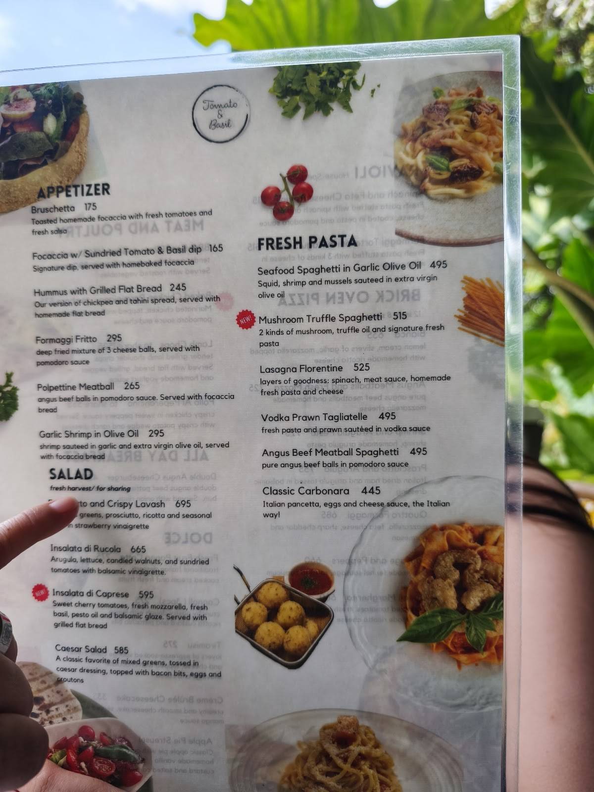 Menu at Tomato and Basil Cafe, Mataas Na Kahoy