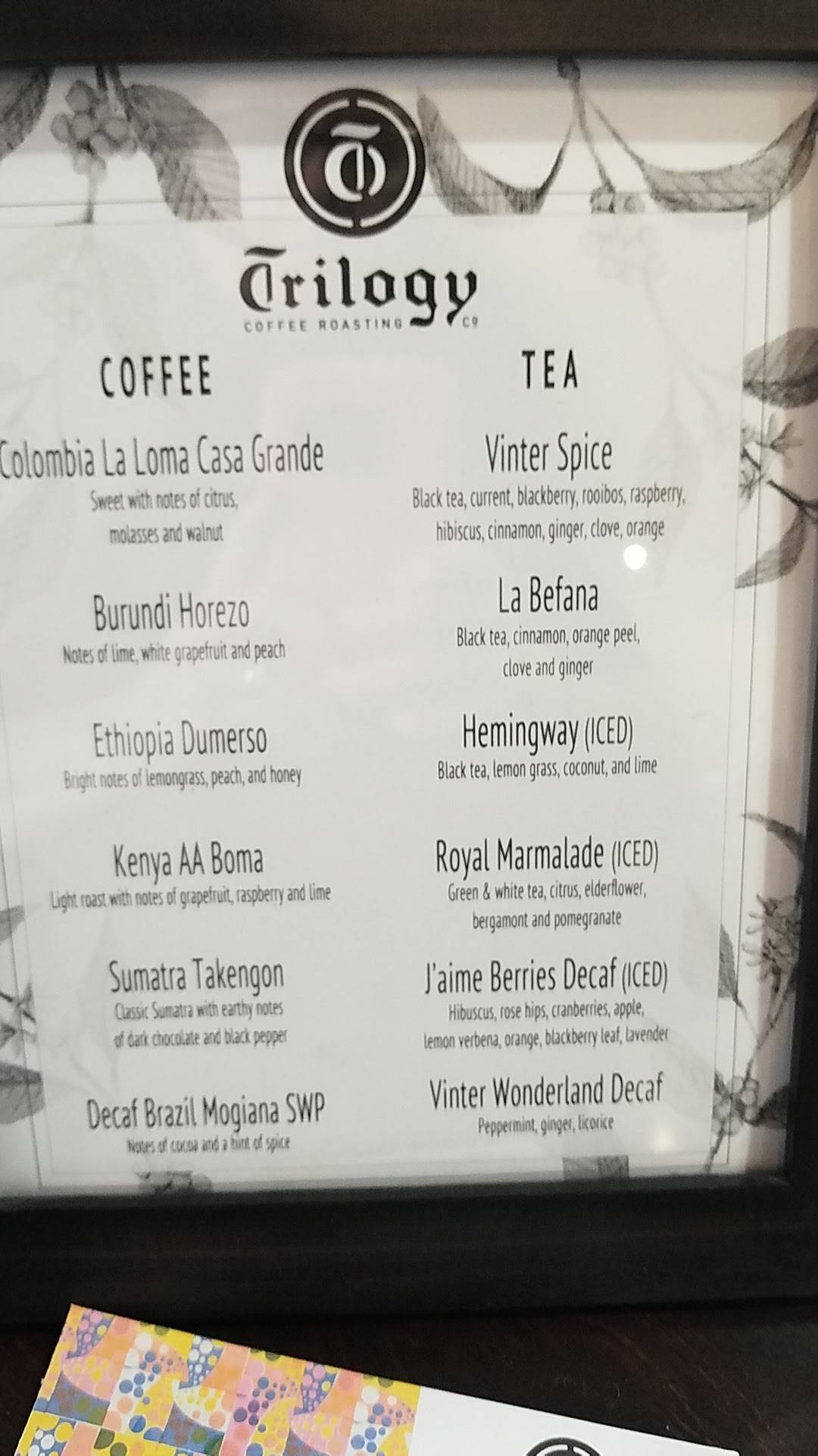 Menu at Trilogy Coffee Roasting Co cafe, DeLand