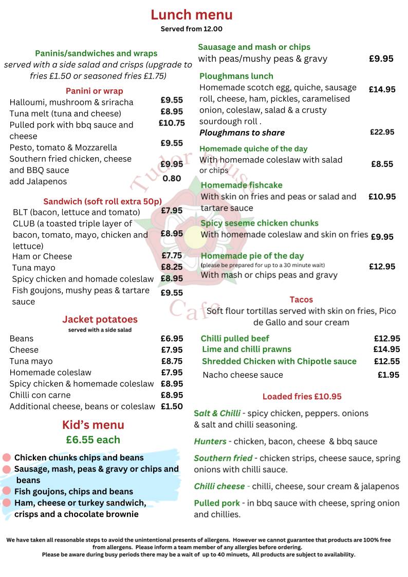 Menu at Tudor house cafe, Tamworth