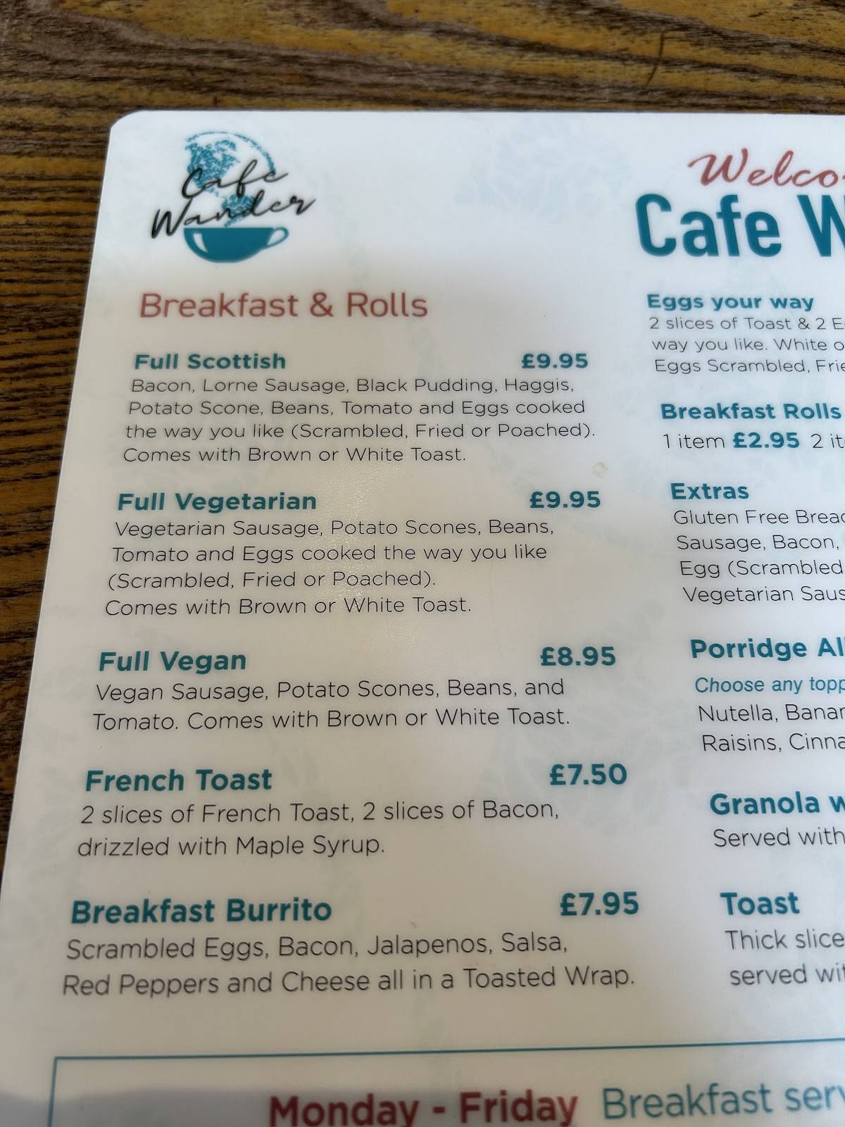 Menu at Cafe Wander, Glasgow, 110 W George St